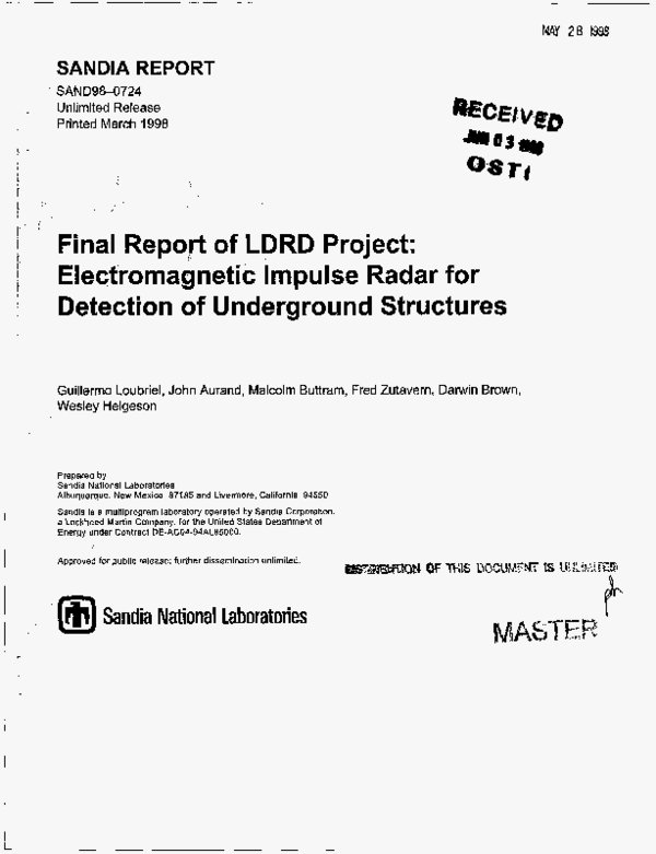 (PDF) Final report of LDRD project: Electromagnetic impulse radar for detection of underground ...