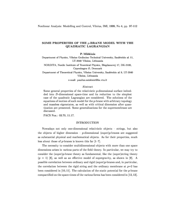 (PDF) Some properties of the p-brane model with the quadratic lagrangian