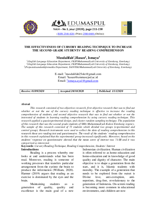 (PDF) The Effectiveness of Cursory Reading Technique to Increase the ...