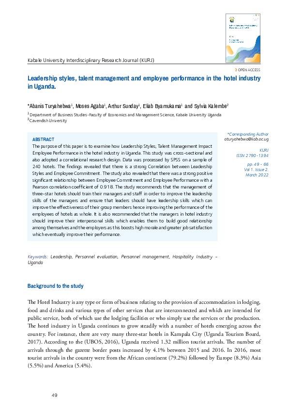 (PDF) Leadership styles talent management and employee performance in ...