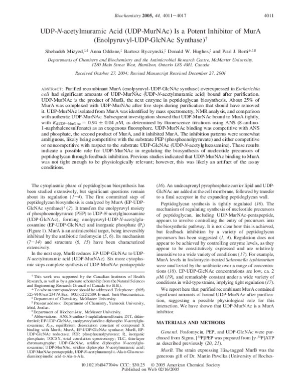 (PDF) UDP- N -acetylmuramic Acid (UDP-MurNAc) Is a Potent Inhibitor of ...