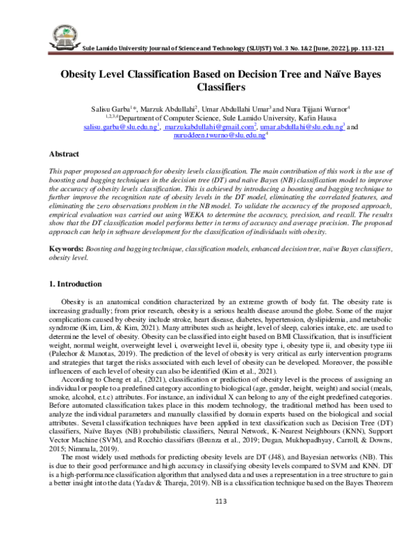 (PDF) Obesity Level Classification Based on Decision Tree and Naïve Bayes Classifiers