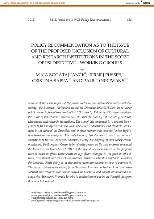 (PDF) Policy Recommendation as to the Issue of the Proposed Inclusion ...