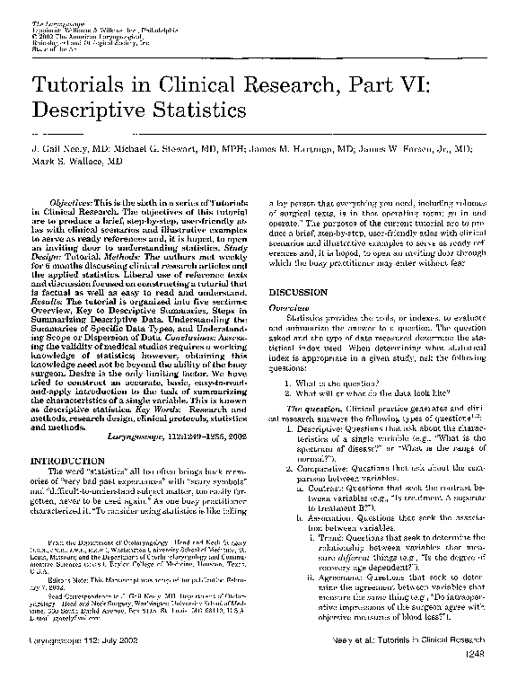 (PDF) Tutorials in Clinical Research, Part VI: Descriptive Statistics