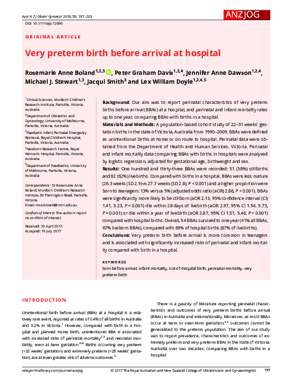 (PDF) Very preterm birth before arrival at hospital | Michael Stewart ...