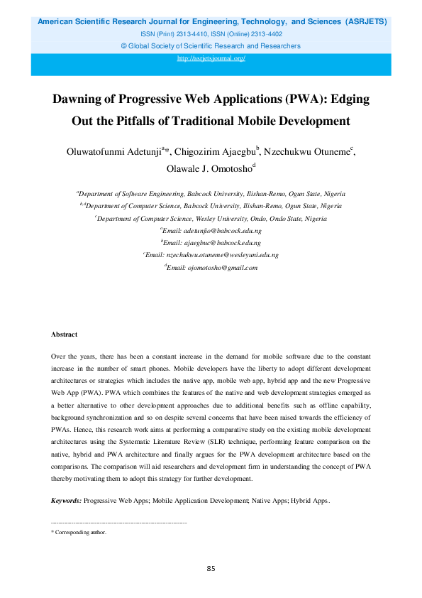 (PDF) Dawning of Progressive Web Applications (PWA): Edging Out the Pitfalls of Traditional ...