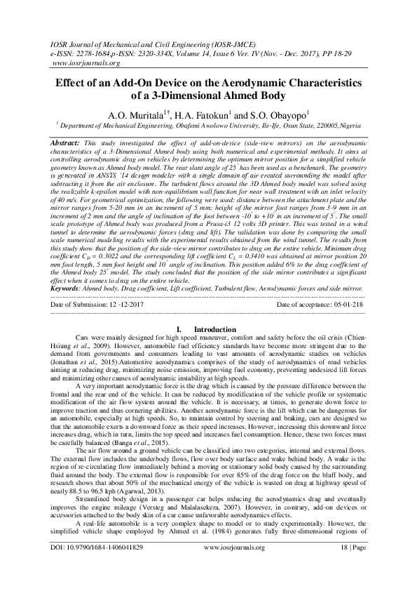 (PDF) Effect of an Add-On Device on the Aerodynamic Characteristics of a 3-Dimensional Ahmed Body