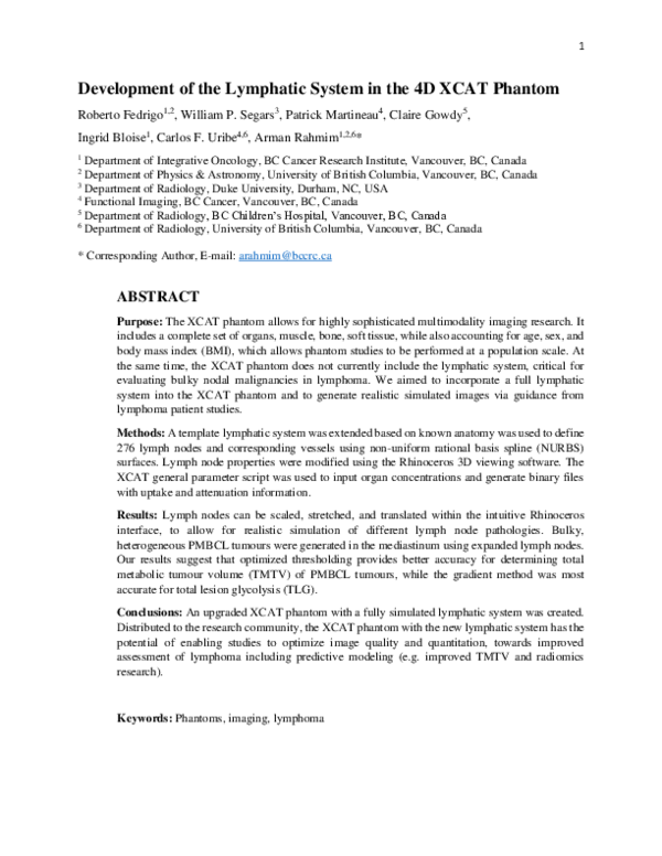 (PDF) Development of the Lymphatic System in the 4D XCAT Phantom for ...