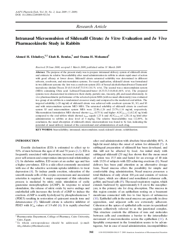 Pdf Intranasal Microemulsion Of Sildenafil Citrate In Vitro Evaluation And In Vivo