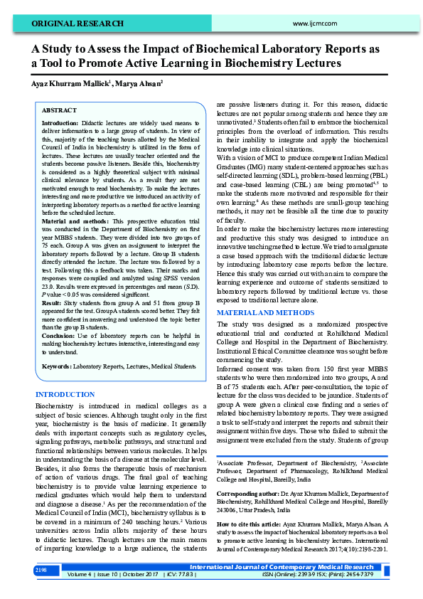 (PDF) A Study to Assess the Impact of Biochemical Laboratory Reports as ...