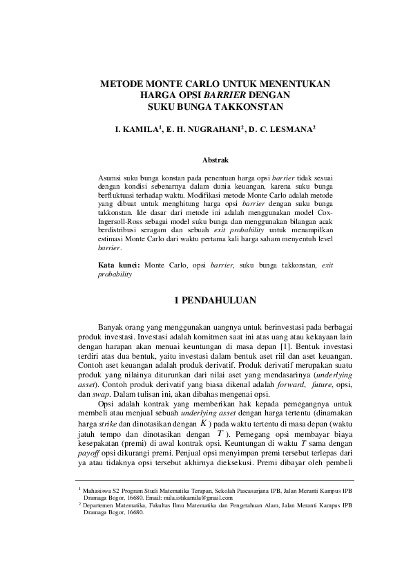 (PDF) Metode Monte Carlo Untuk Menentukan Harga Opsi Barrier Dengan ...