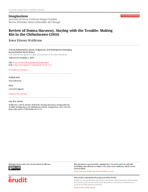 (PDF) Review of Donna Haraway, Staying with the Trouble: Making Kin in ...
