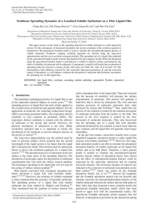 (PDF) Nonlinear Spreading Dynamics of a Localized Soluble Surfactant on ...