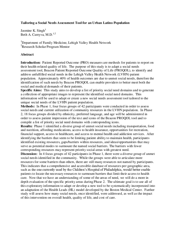 (PDF) A Social Needs Assessment Tool for an Urban Latino Population