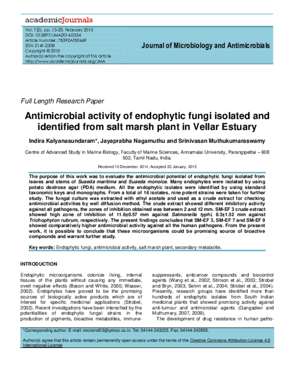 (PDF) Antimicrobial Activity of Endophytic Fungi Isolated from Some Selected Ethnomedicinal ...