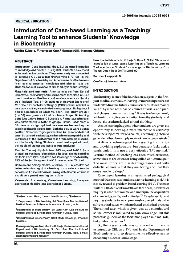 (PDF) Introduction of Case-based Learning as a Teaching/Learning Tool ...