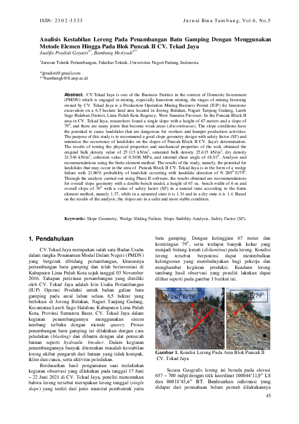 (PDF) Analisis Kestabilan Lereng Pada Penambangan Batu Gamping Dengan Menggunakan Metode Elemen ...