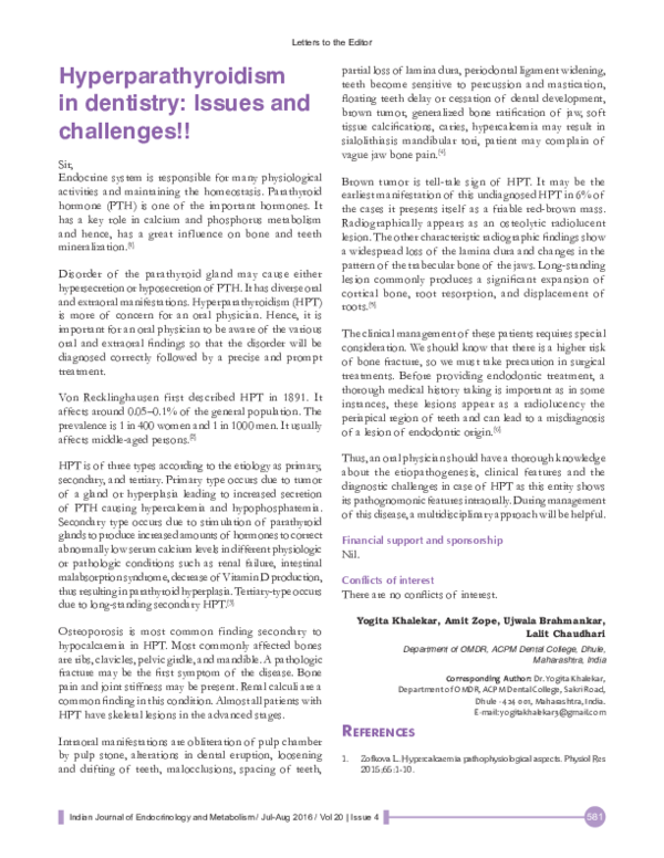 (PDF) Hyperparathyroidism in dentistry: Issues and challenges!! | Amit Zope - Academia.edu