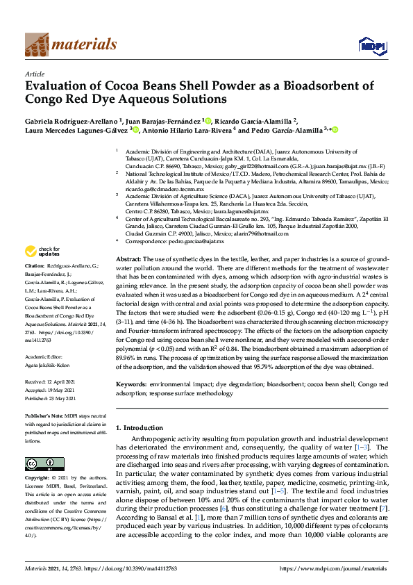 (PDF) Evaluation of Cocoa Beans Shell Powder as a Bioadsorbent of Congo ...