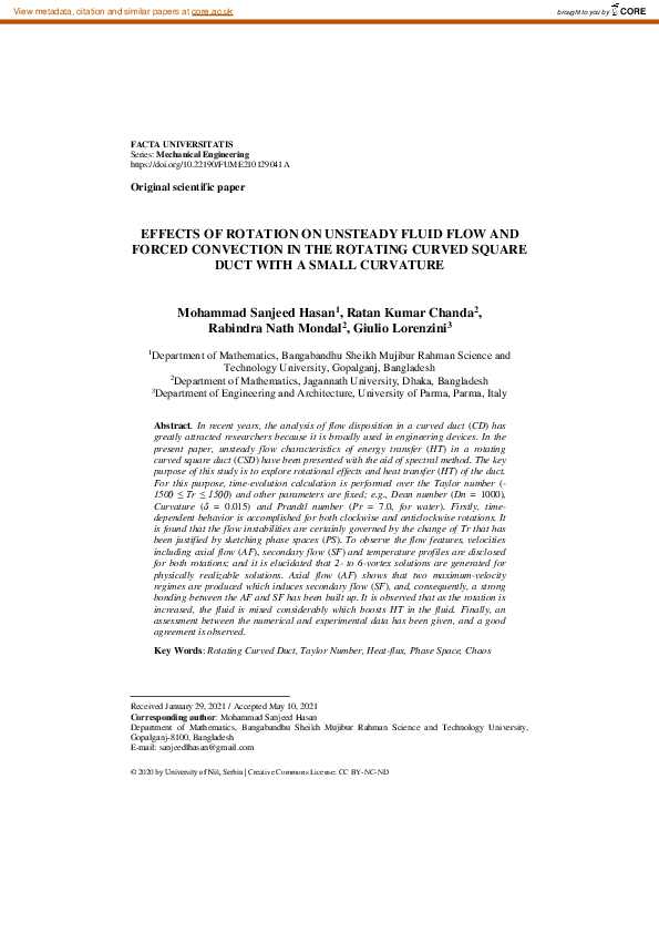 Pdf Effects Of Rotation On Unsteady Fluid Flow And Forced Convection In The Rotating Curved