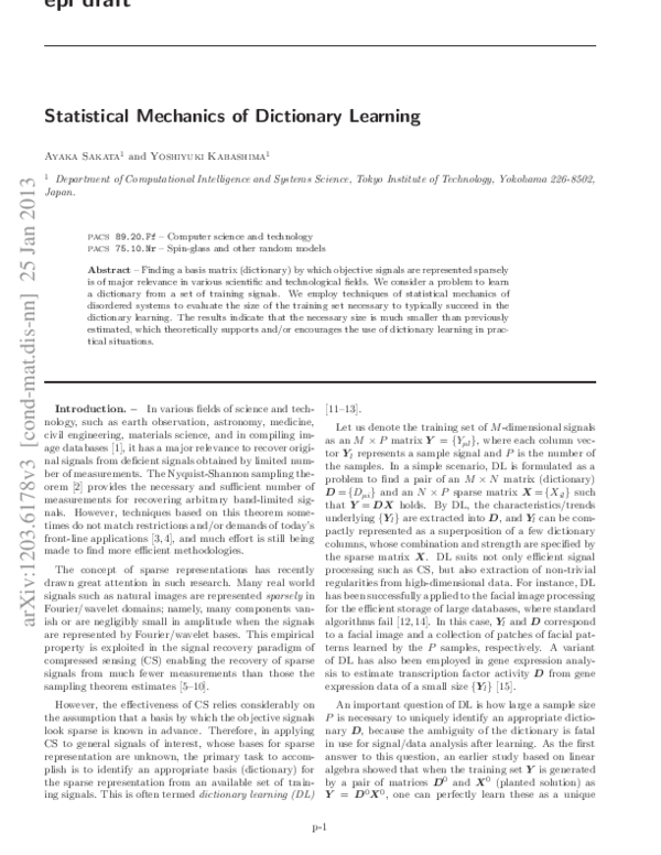 (PDF) Statistical mechanics of dictionary learning