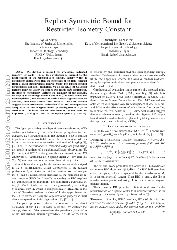 (PDF) Replica symmetric bound for restricted isometry constant