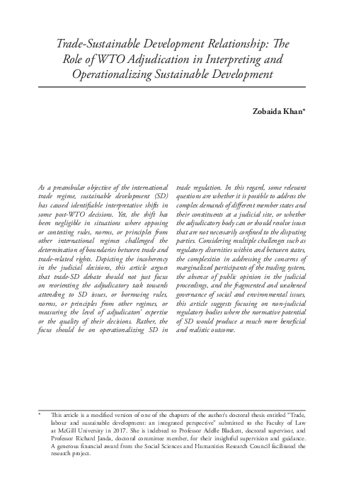 (PDF) Trade-Sustainable Development Relationship : The Role of WTO Adjudication in Interpreting ...