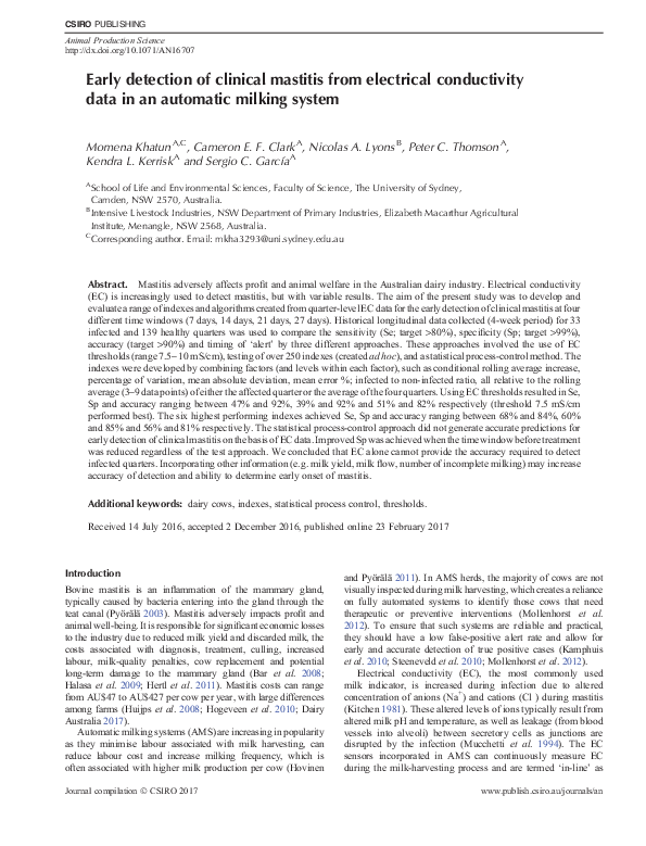 (PDF) Early detection of clinical mastitis from electrical conductivity ...