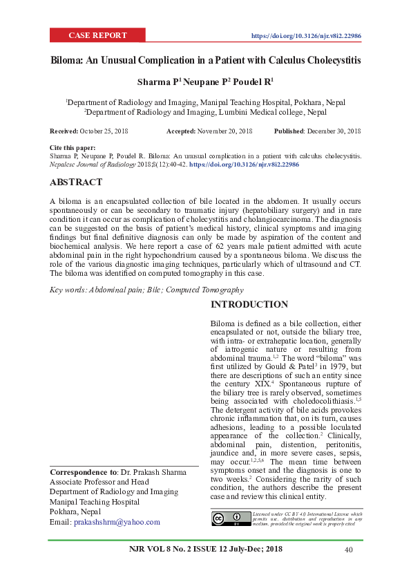 (PDF) Biloma: An Unusual Complication in a Patient With Calculus ...