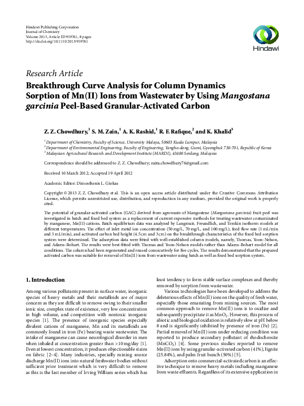 (PDF) Breakthrough Curve Analysis for Column Dynamics Sorption of Mn(II ...