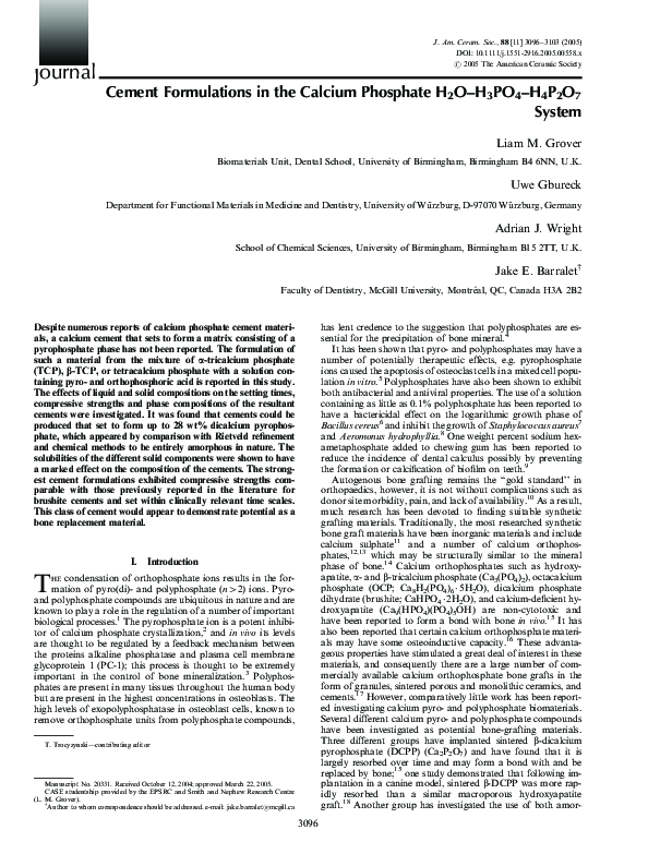 (PDF) Cement Formulations in the Calcium Phosphate H2O-H3PO4-H4P2O7 System