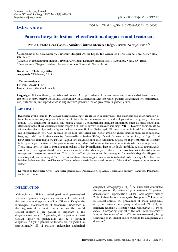 (PDF) Pancreatic cystic lesions: classification, diagnosis and treatment