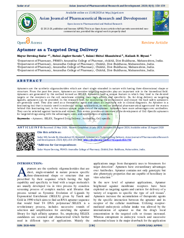 (PDF) Aptamer as a Targeted Drug Delivery | Rahul Sarode - Academia.edu