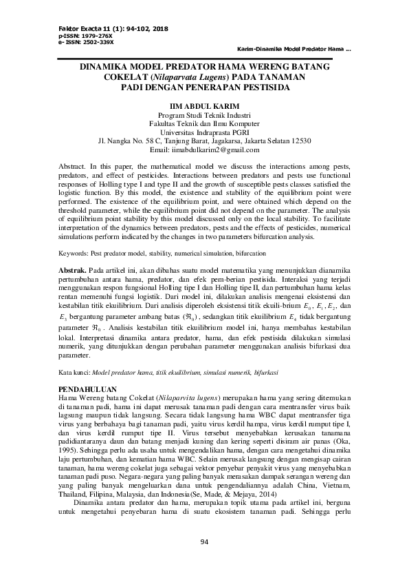 (PDF) Dinamika Model Predator Hama Wereng Batang Cokelat (Nilaparvata Lugens) Pada Tanaman Padi ...