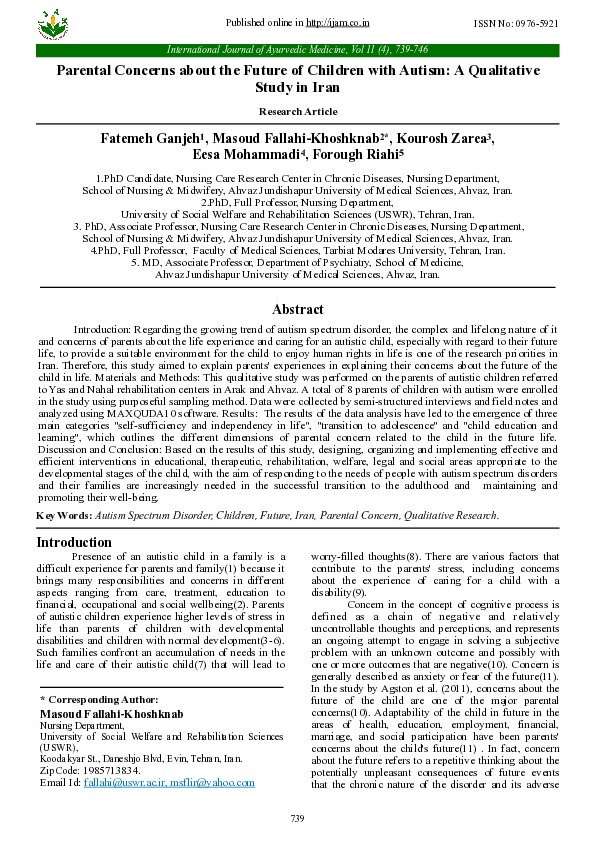 (PDF) Parental Concerns about the Future of Children with Autism: A Qualitative Study in Iran