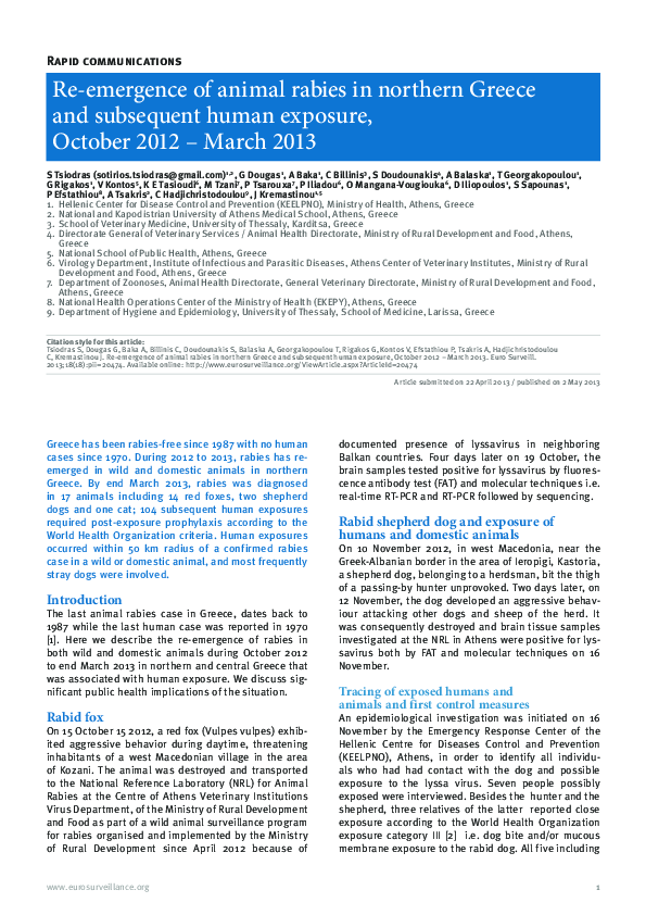 (PDF) Re-emergence of animal rabies in northern Greece and subsequent ...