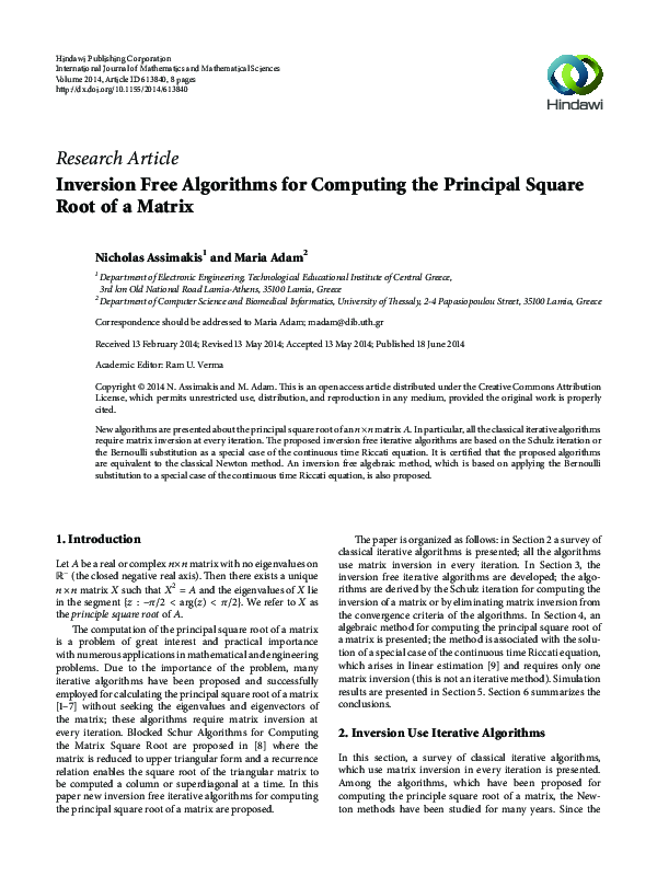 Pdf Inversion Free Algorithms For Computing The Principal Square Root Of A Matrix