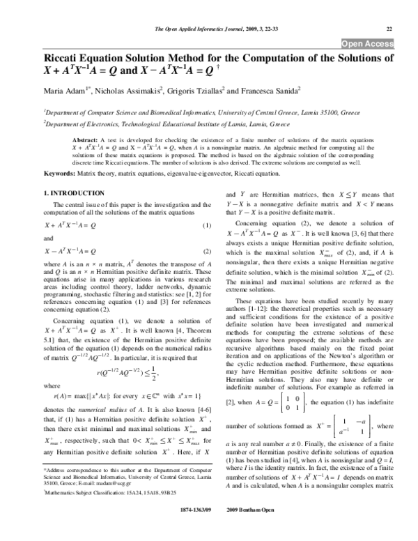 (PDF) Riccati equation solution method for the computation of the extreme solutions of X + A* X ...