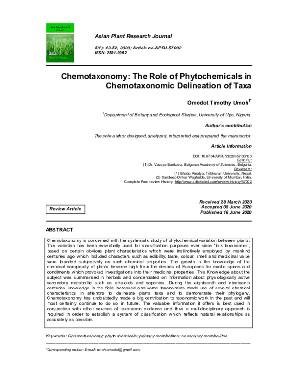 (PDF) Chemotaxonomy: The Role of Phytochemicals in Chemotaxonomic ...