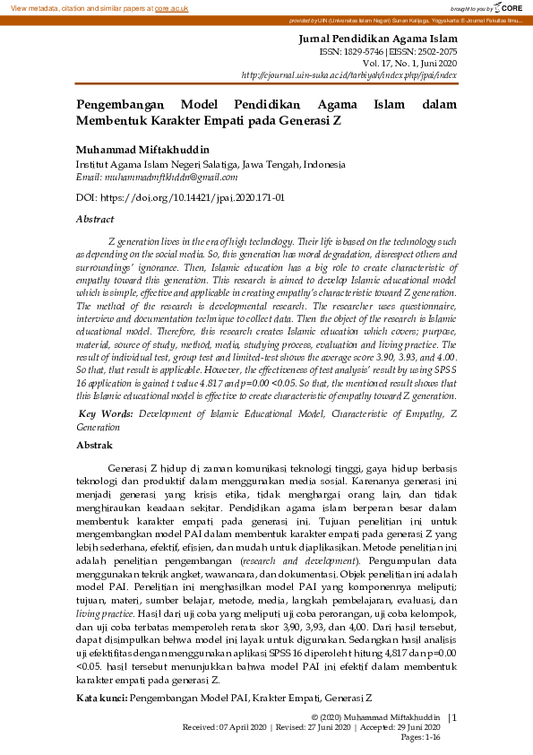 (PDF) Pengembangan Model Pendidikan Agama Islam dalam Membentuk Karakter Empati pada Generasi Z