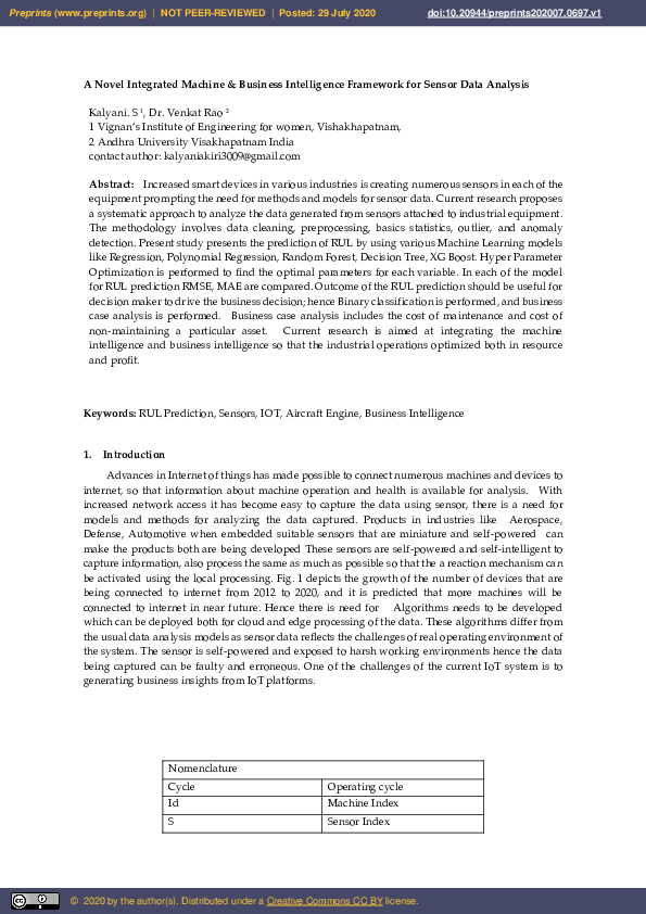 (PDF) A Novel Integrated Machine & Business Intelligence Framework for Sensor Data Analysis