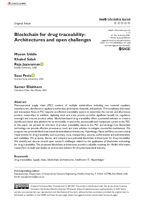 (PDF) Blockchain for drug traceability: Architectures and open challenges
