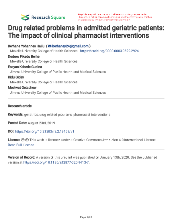 (PDF) Impact of drug-related problems and clinical pharmacist interventions on therapeutic ...