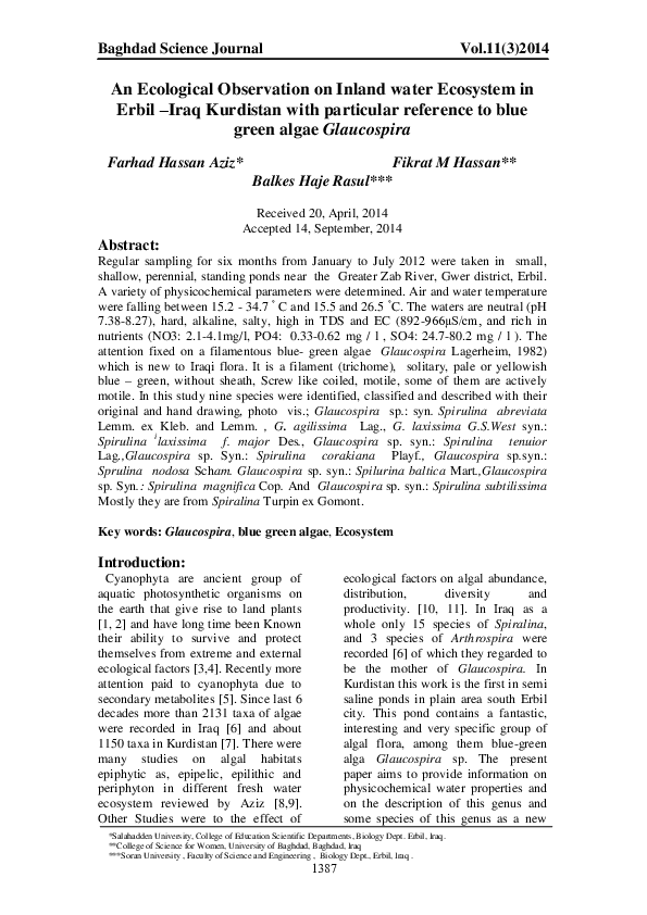 (PDF) An Ecological Observation on Inland water Ecosystem in Erbil ...