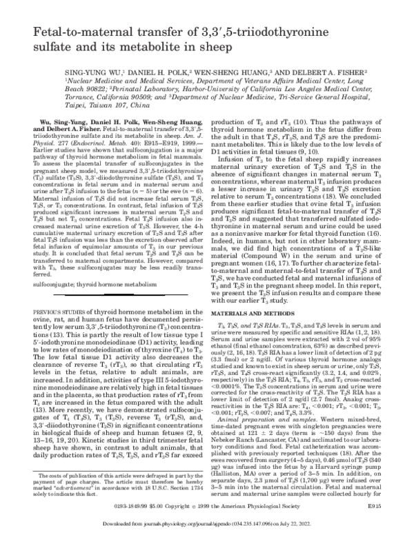 (PDF) Fetal-to-maternal transfer of 3,3′,5-triiodothyronine sulfate and its metabolite in sheep ...