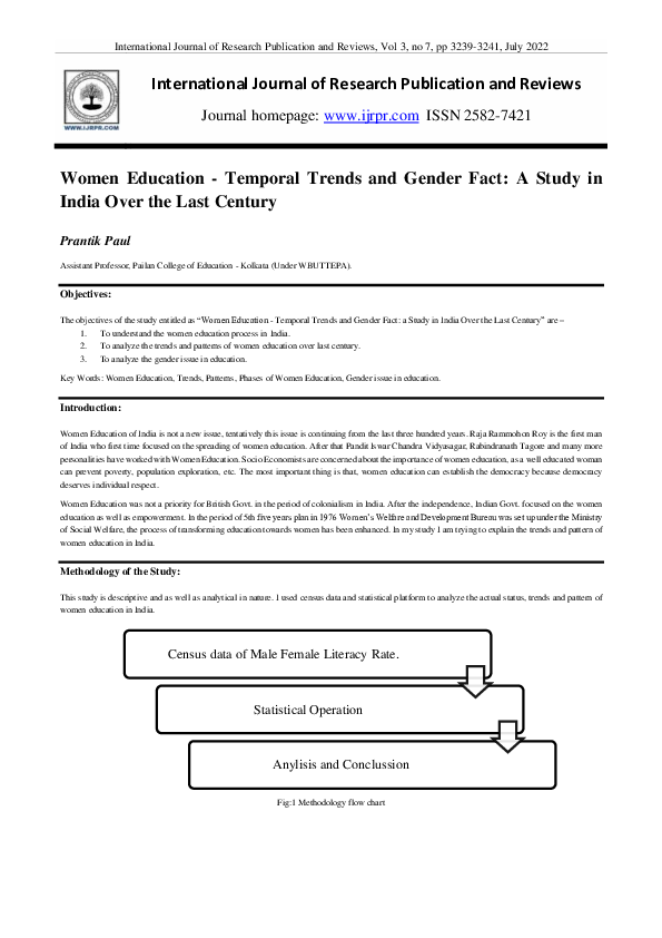 (PDF) Women Education - Temporal Trends and Gender Fact: A Study in India Over the Last Century