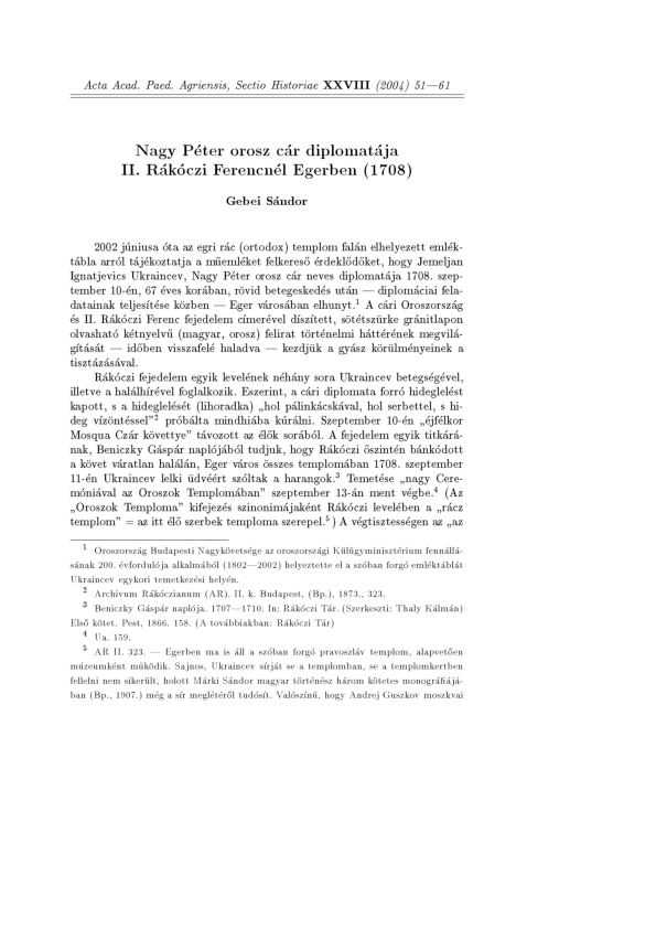 (PDF) Nagy Péter orosz cár diplomatája II. Rákóczi Ferencnél Egerben (1708)