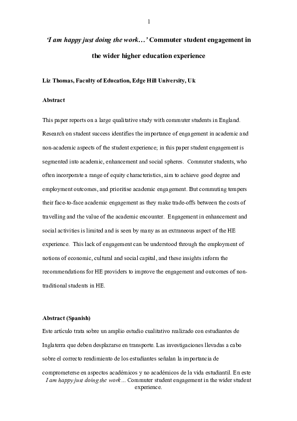 (DOC) ‘I am happy just doing the work …’ Commuter student engagement in ...