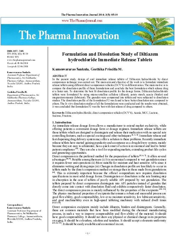 (PDF) Formulation and Dissolution Study of Diltiazem Hydrochloride ...