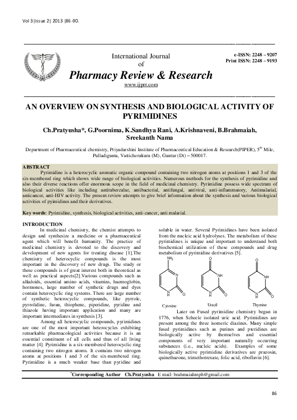 (PDF) ChemInform Abstract: An Overview on Synthesis and Biological Activity of Pyrimidines